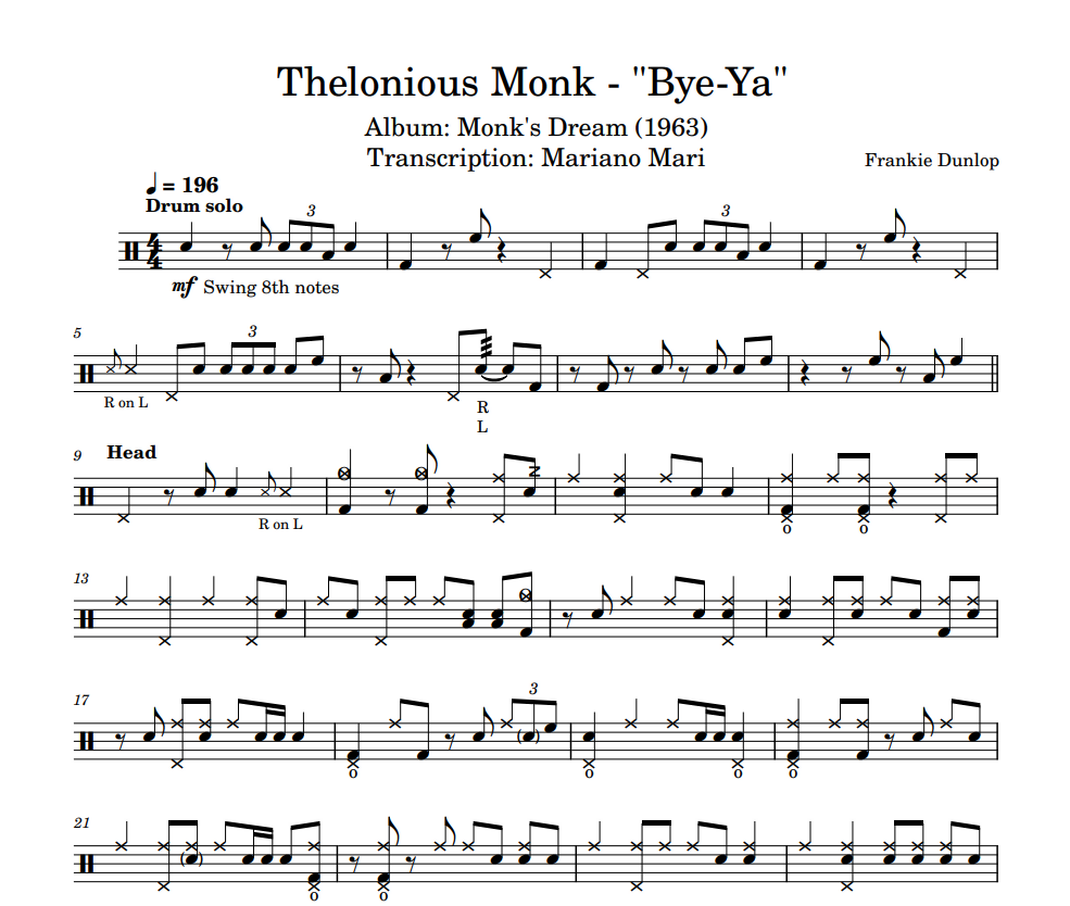Bye Ya - Thelonious Monk - Drum Sheet Music - Mari_DrumTranscriptions – DrumSetSheetMusic