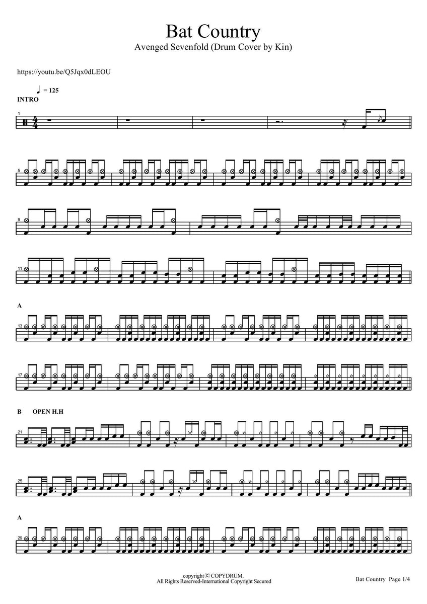 Bat Country (Kin Drum Cover) - Avenged Sevenfold - Drum Sheet Music ...