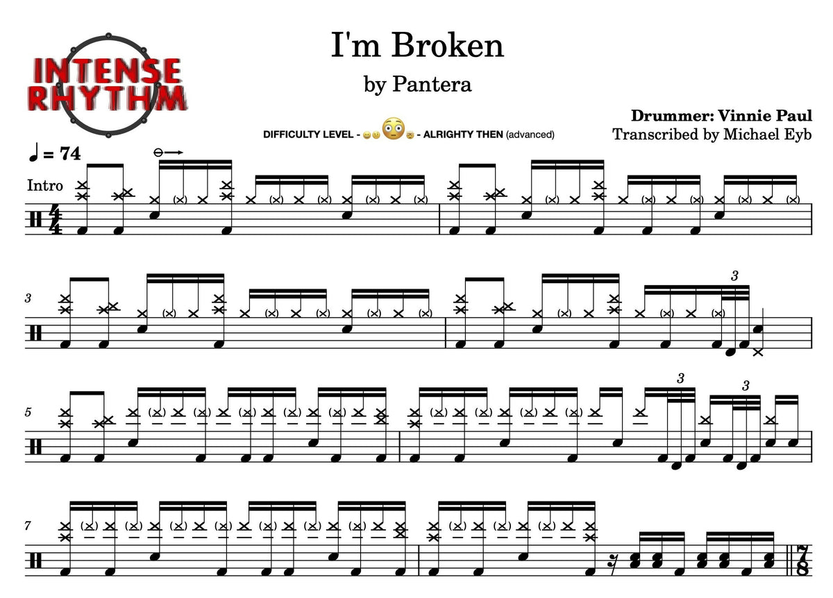 I'm Broken - Pantera - Full Drum Transcription / Drum Sheet Music - In ...