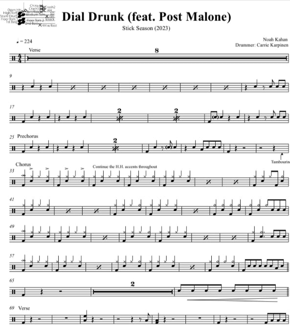Dial Drunk (feat. Post Malone) - Noah Kahan - Drum Sheet Music ...