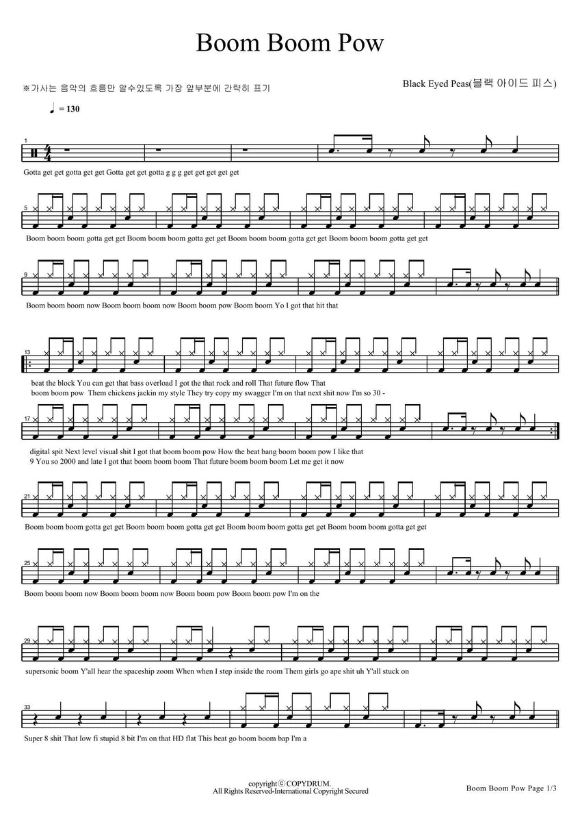 Boom Boom Pow - Black Eyed Peas - Drum Sheet Music - COPYDRUM ...