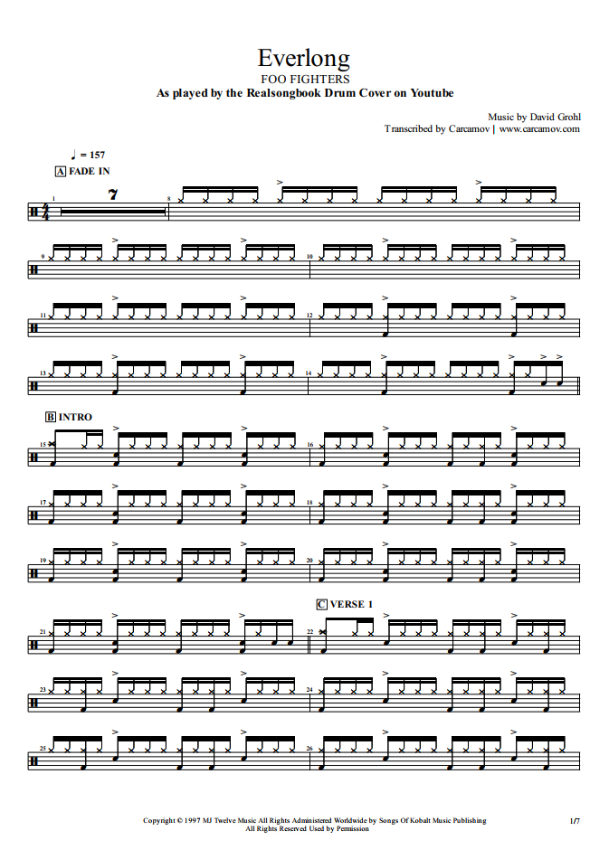 Everlong - Foo Fighters - Drum Sheet Music - Realsongbook ...