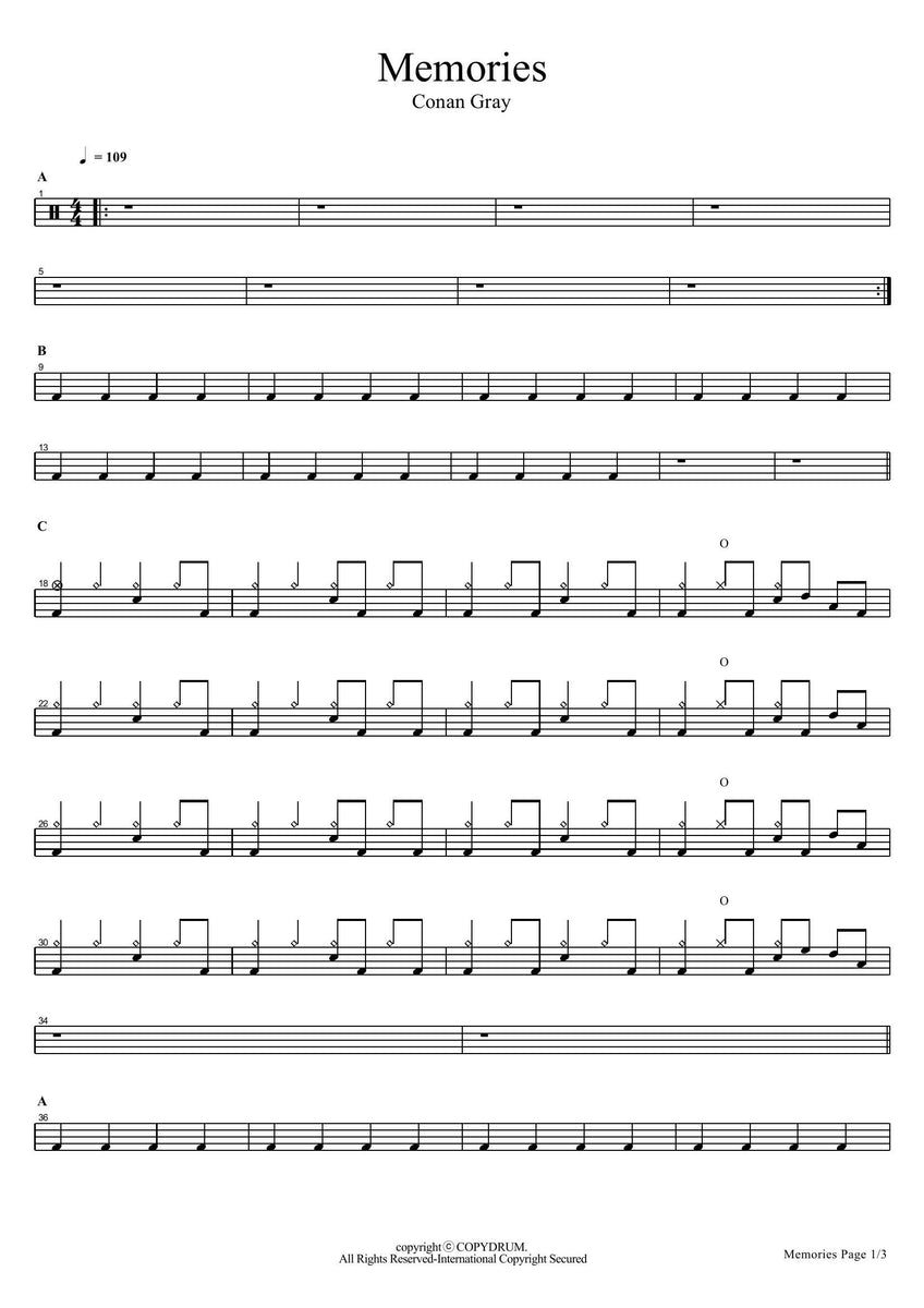 Memories - Conan Gray - Full Drum Transcription / Drum Sheet Music - C ...