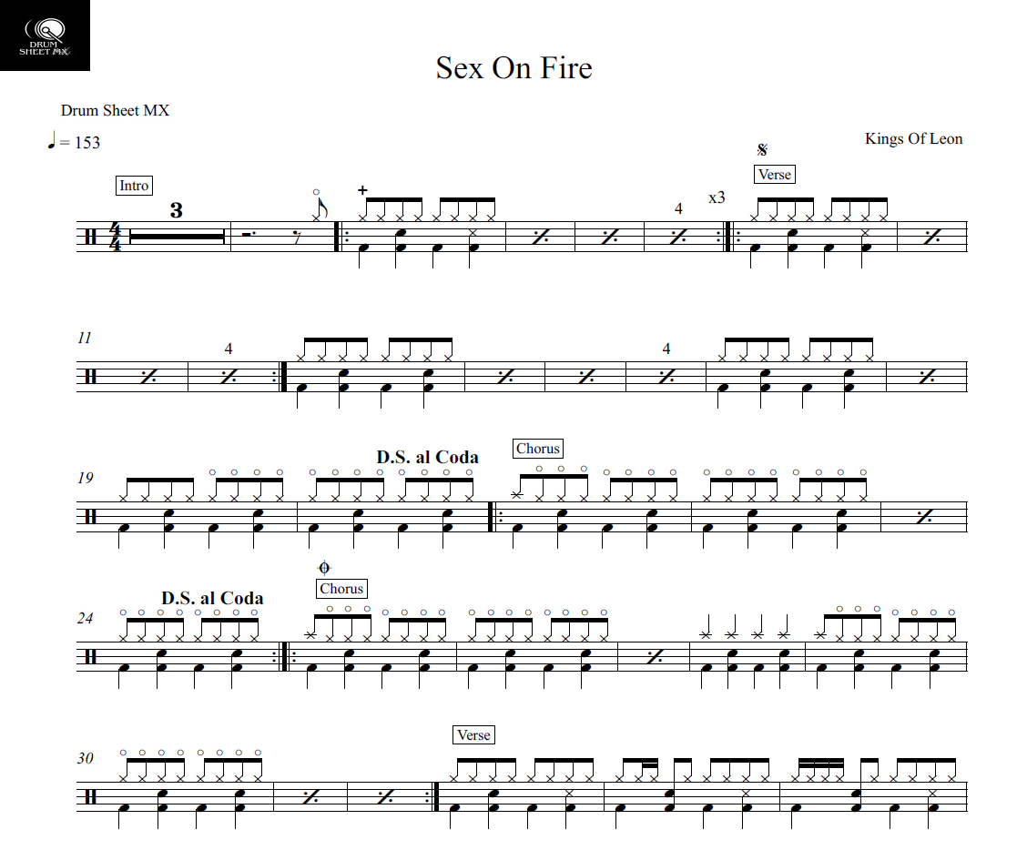 Sex on Fire - Kings of Leon - Drum Sheet Music - Drum Sheet MX – DrumSetSheetMusic