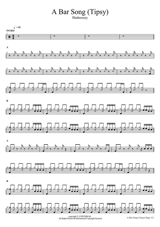 A Bar Song (Tipsy) - Shaboozey - Drum Sheet Music - COPYDRUM ...