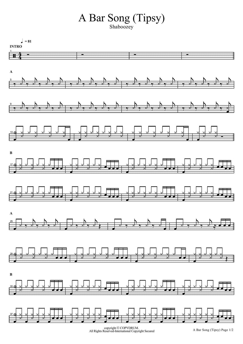 A Bar Song (Tipsy) - Shaboozey - Full Drum Transcription / Drum Sheet ...