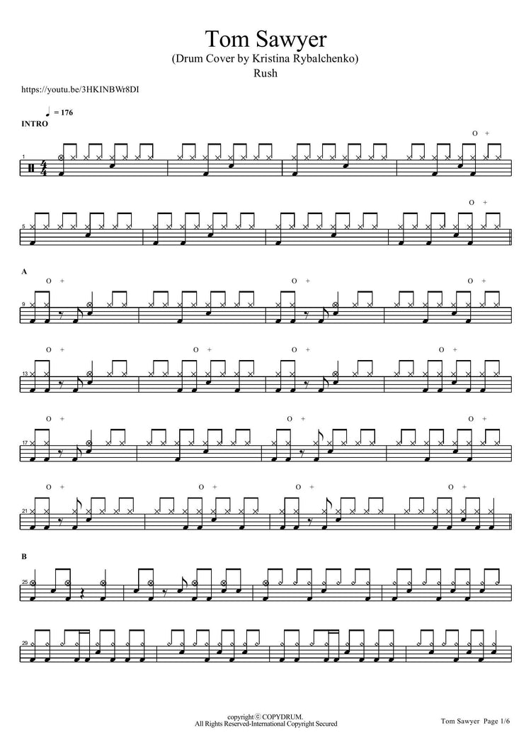 Tom Sawyer (Kristina Rybalchenko Drum Cover) - Rush - Full Drum Transc – DrumSetSheetMusic