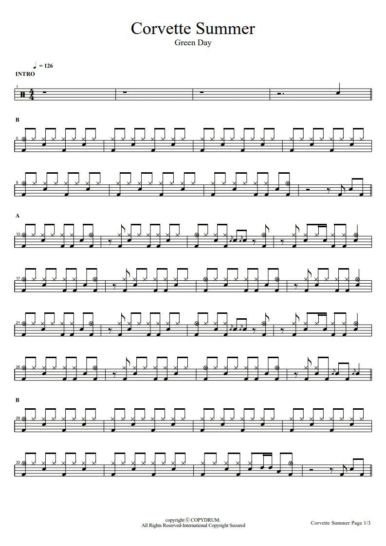 Corvette Summer - Green Day - Drum Sheet Music - COPYDRUM ...
