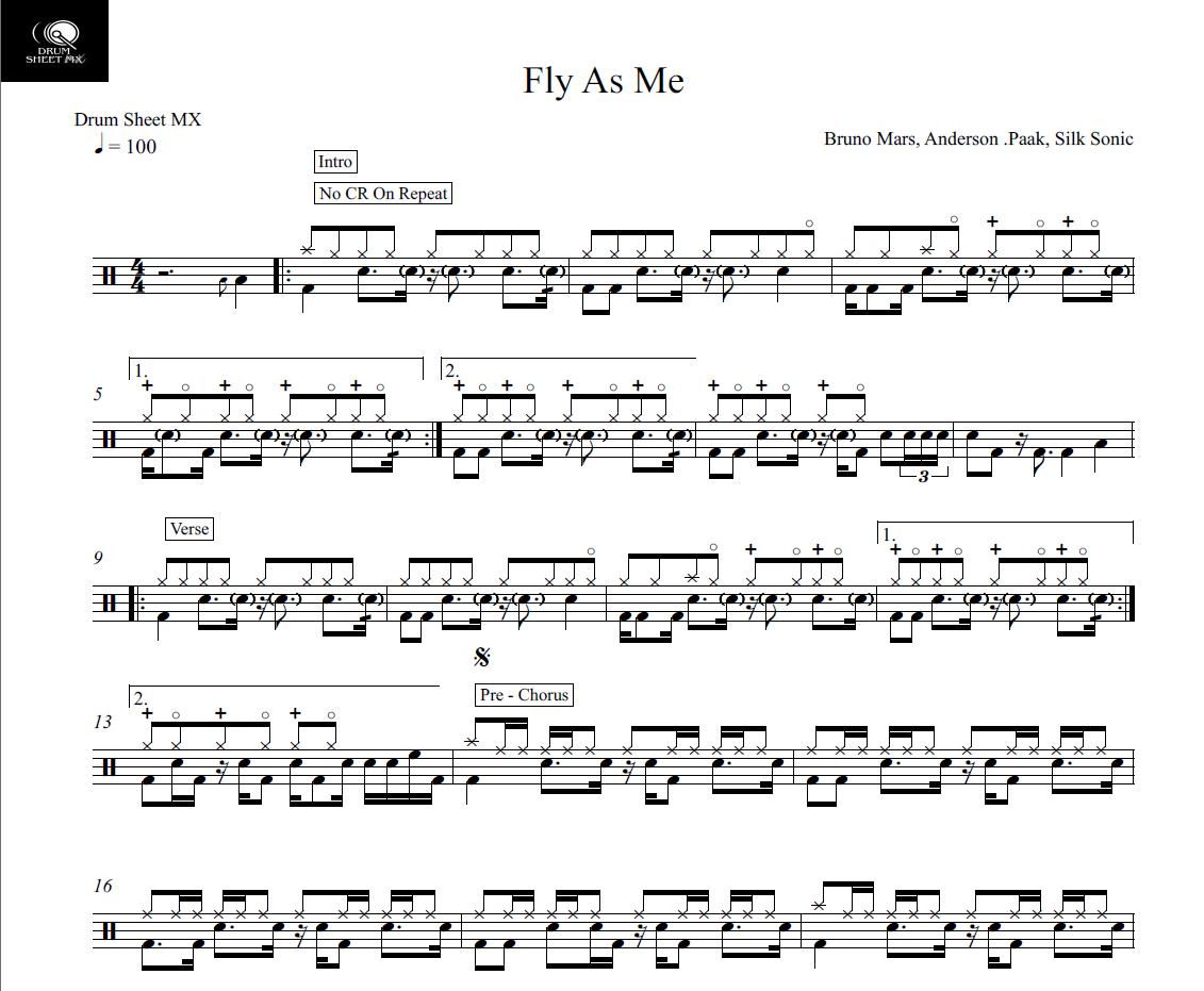 Fly as Me - Bruno Mars, Anderson .Paak, Silk Sonic - Drum Sheet Music ...