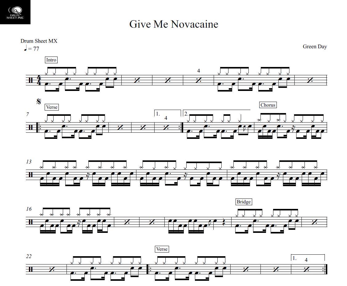 Give Me Novacaine - Green Day - Drum Sheet Music - Drum Sheet MX ...