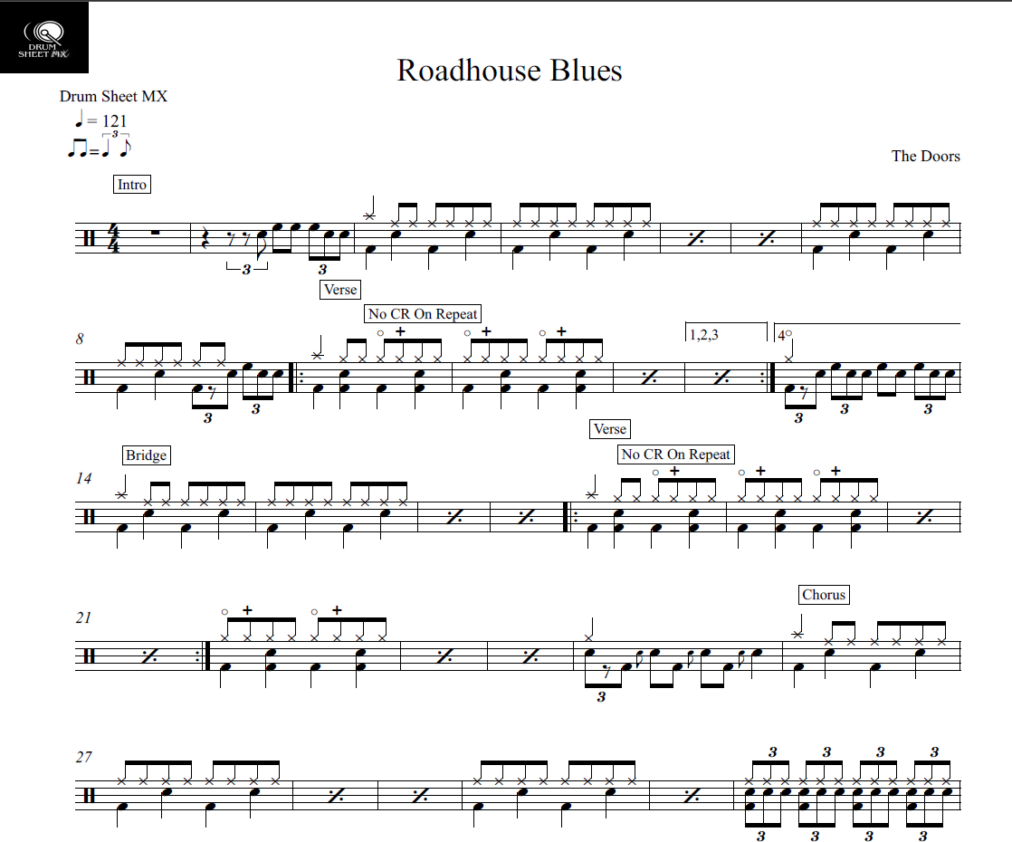 Roadhouse Blues - The Doors - Drum Sheet Music - Drum Sheet MX ...