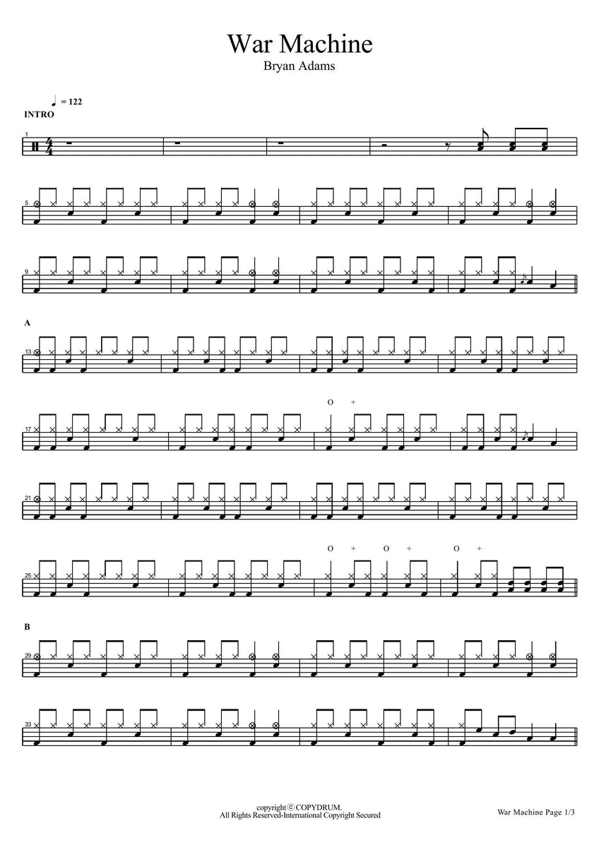 War Machine - Bryan Adams - Drum Sheet Music - COPYDRUM – DrumSetSheetMusic