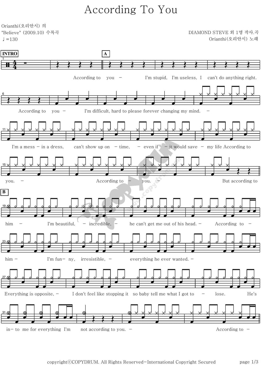 According To You - Orianthi - Full Drum Transcription / Drum Sheet Mus ...