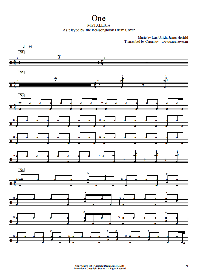 One - Metallica - Drum Sheet Music - Realsongbook – DrumSetSheetMusic