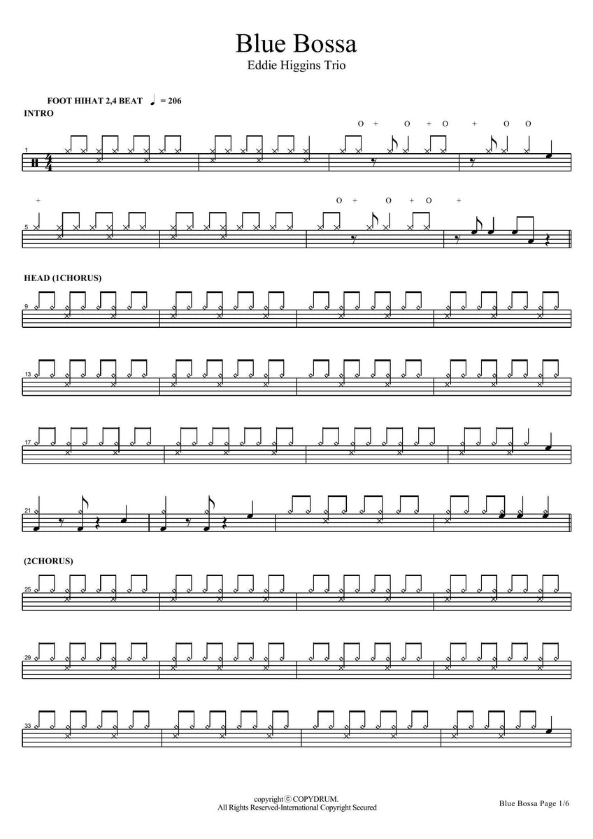 Blue Bossa - Eddie Higgins Trio - Full Drum Transcription / Drum Sheet ...
