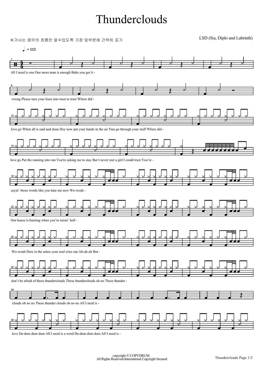 Thunderclouds - LSD (Sia, Diplo and Labrinth) - Drum Sheet Music ...