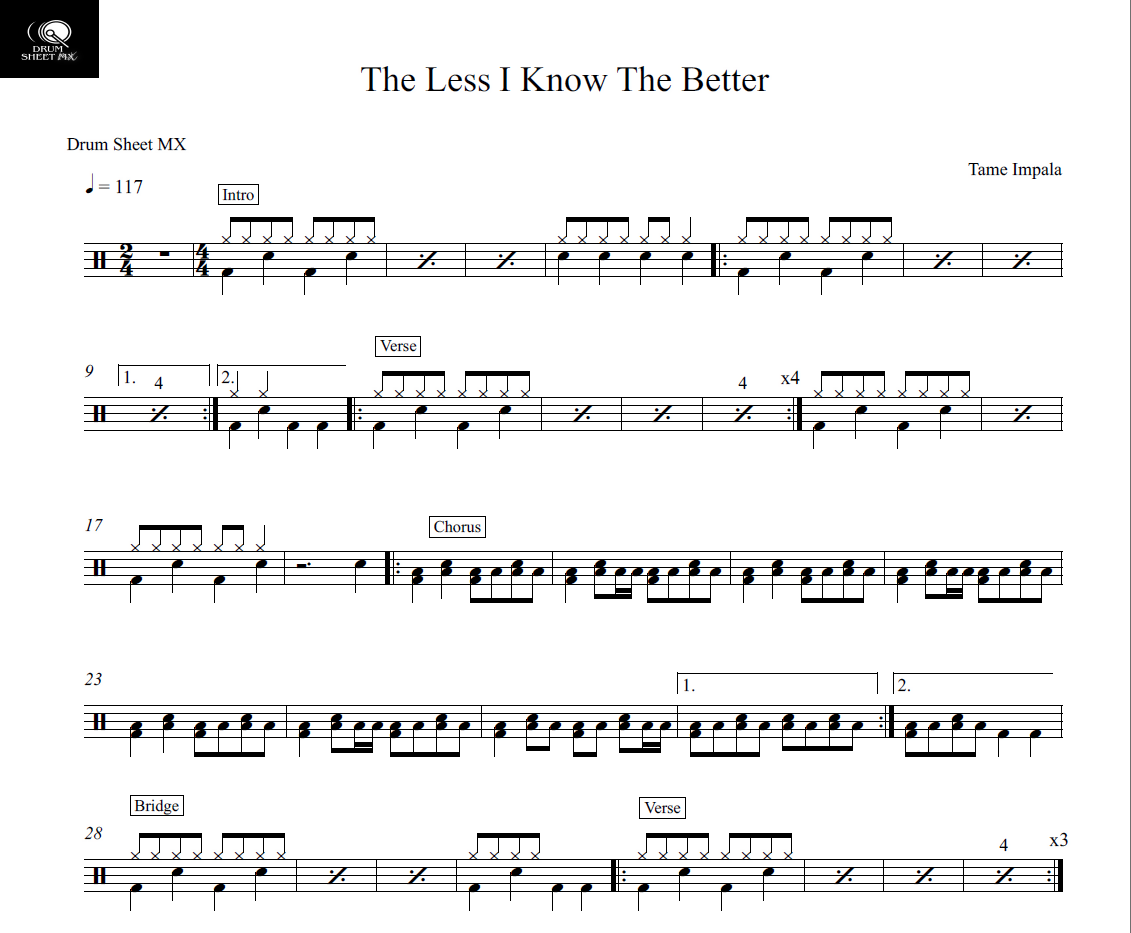 The Less I Know the Better - Tame Impala - Drum Sheet Music - Drum ...