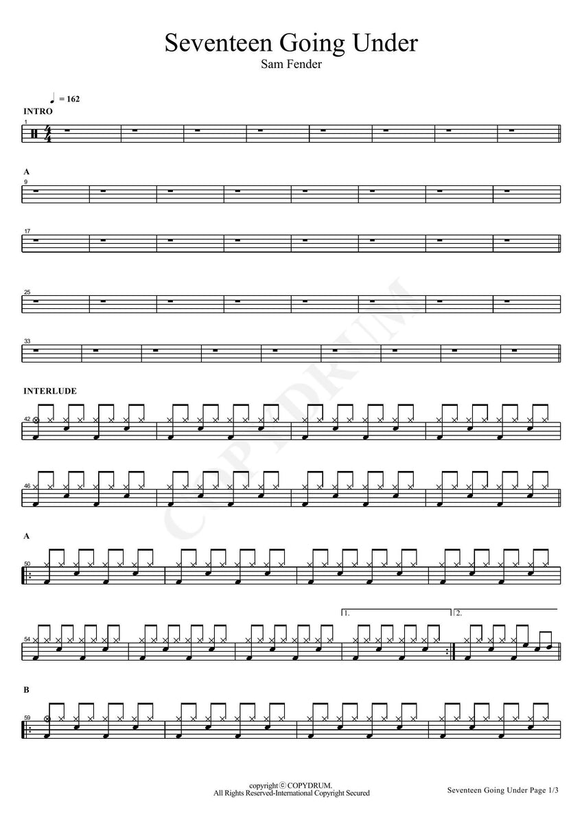 Seventeen Going Under - Sam Fender - Drum Sheet Music - COPYDRUM ...