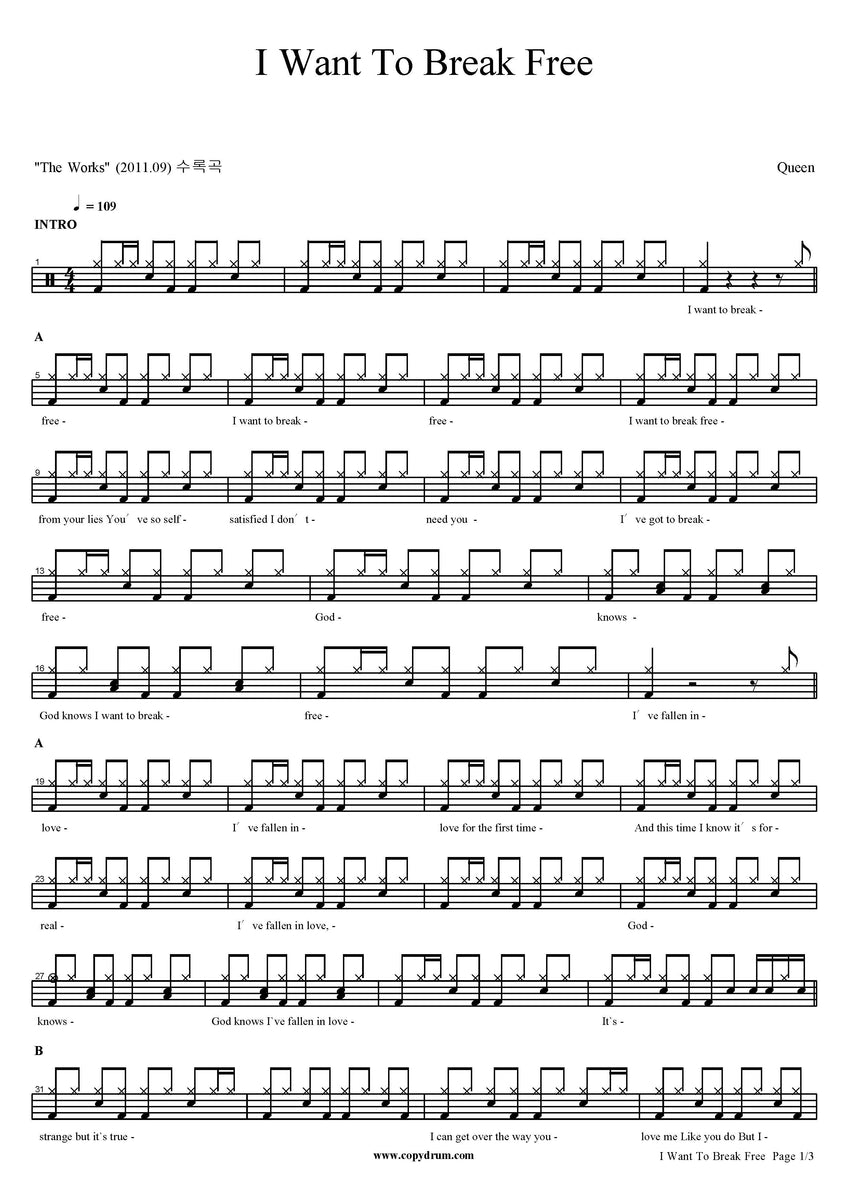 I Want to Break Free - Queen - Drum Sheet Music - COPYDRUM ...