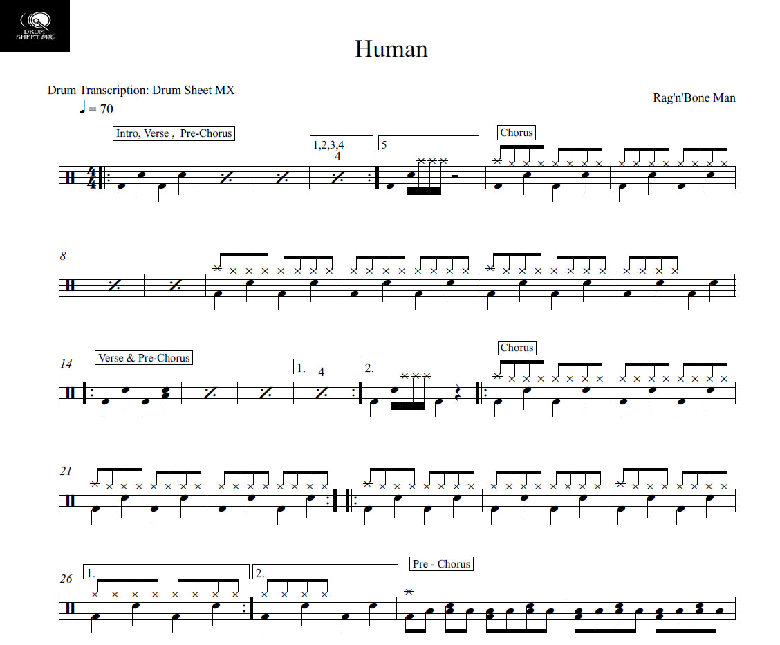 Human - Rag'n'Bone Man - Drum Sheet Music - Drum Sheet MX ...