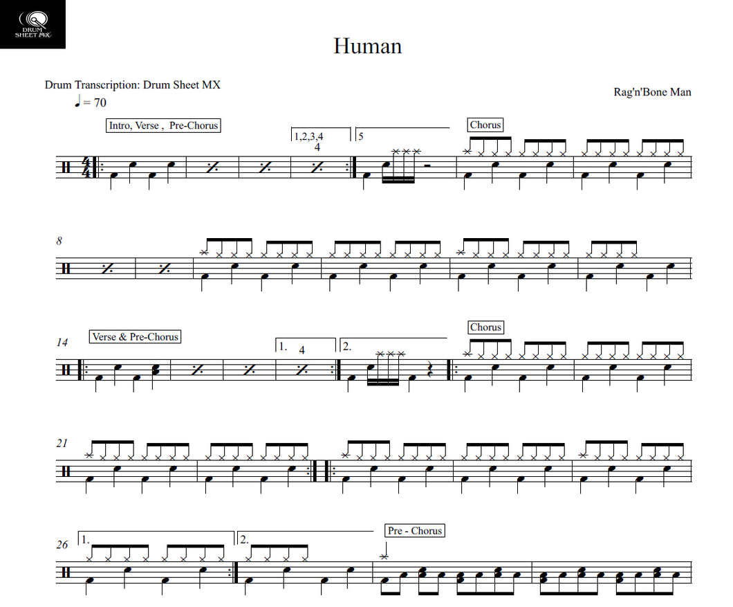 Human - Rag'n'Bone Man - Drum Sheet Music - Drum Sheet MX ...