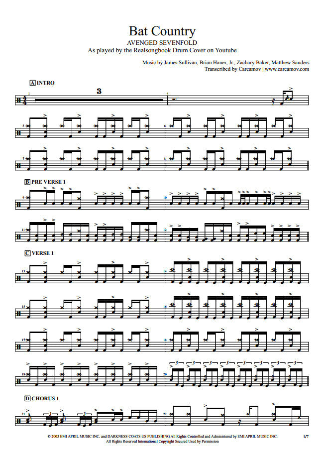 Bat Country - Avenged Sevenfold - Drum Sheet Music - Realsongbook ...
