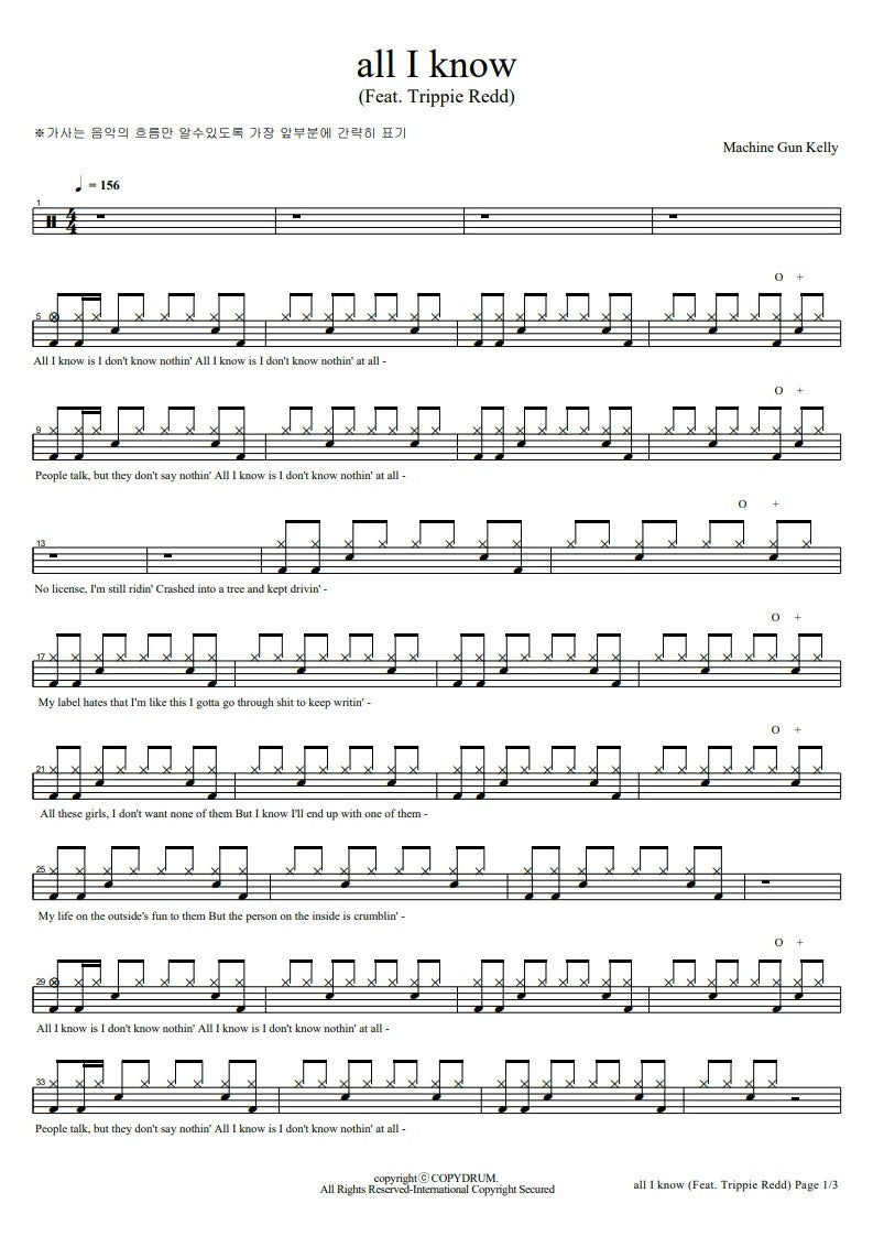 All I Know (feat. Trippie Redd) - Machine Gun Kelly - Drum Sheet Music ...