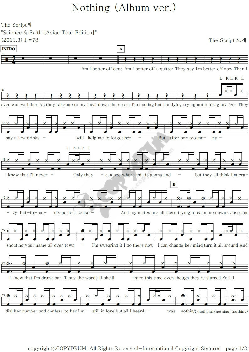 Nothing - The Script - Drum Sheet Music - COPYDRUM – DrumSetSheetMusic