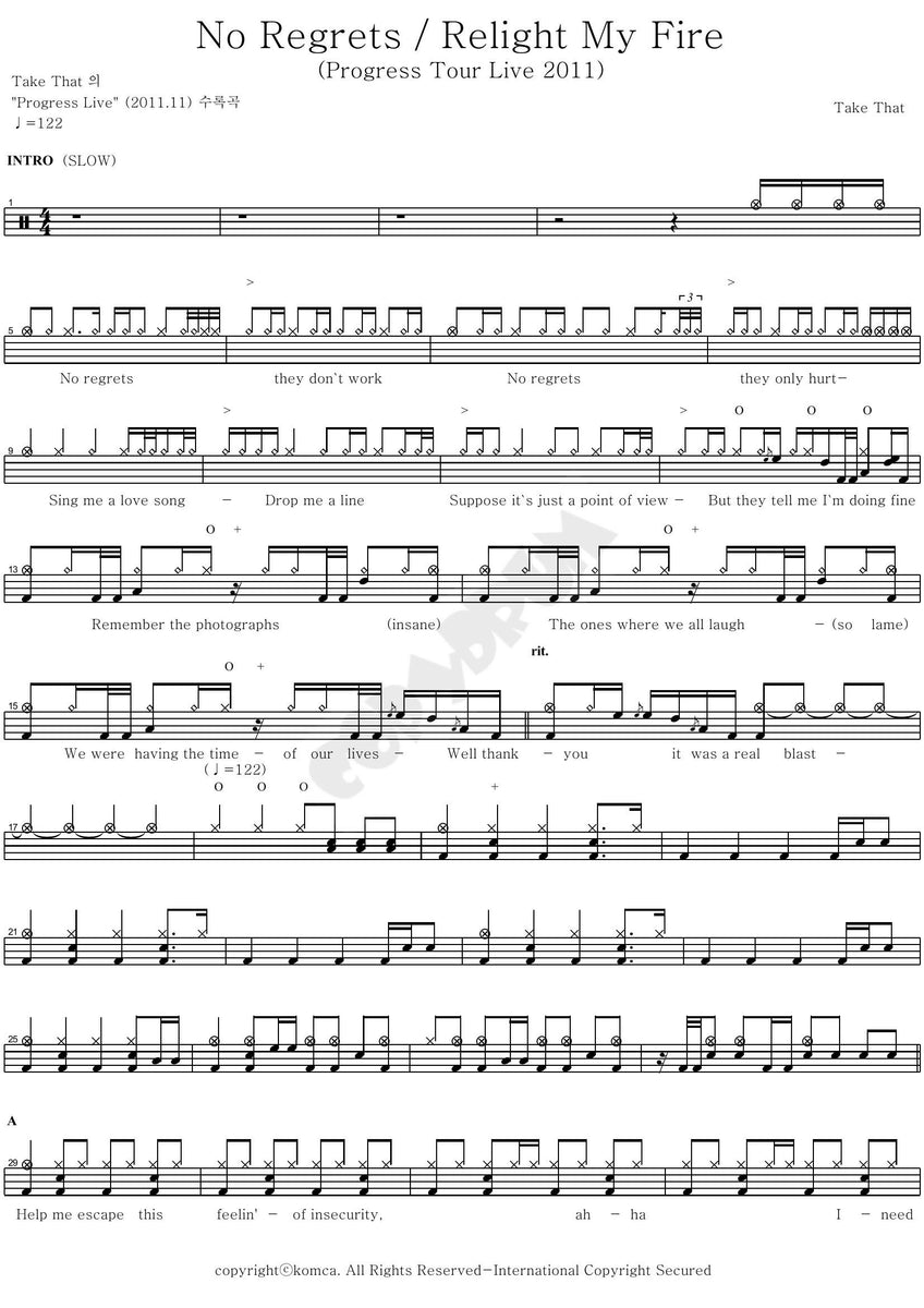 No Regrets / Relight My Fire - Take That - Drum Sheet Music - COPYDRUM ...