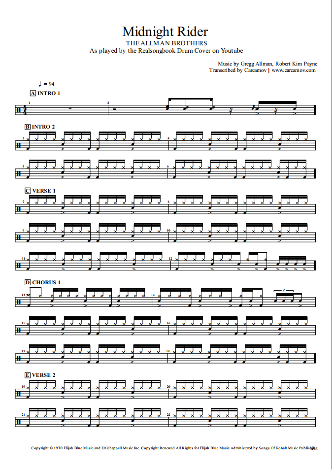 Midnight Rider - The Allman Brothers Band - Drum Sheet Music ...