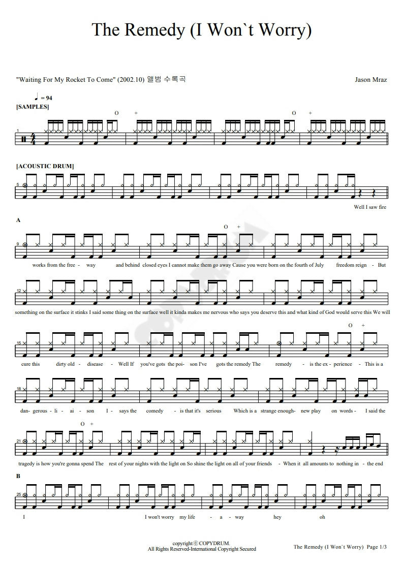 The Remedy (I Won't Worry) - Jason Mraz - Drum Sheet Music - COPYDRUM ...