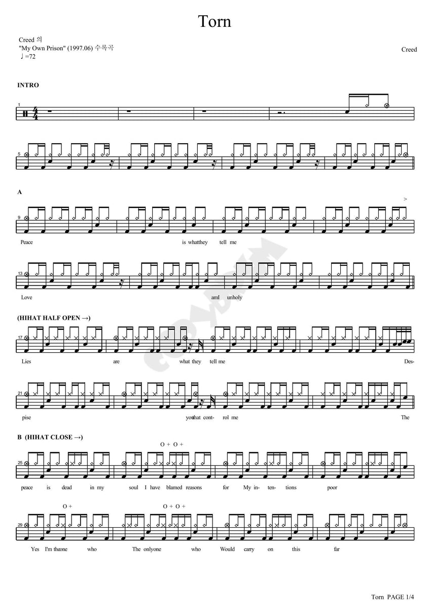 Torn - Creed - Drum Sheet Music - COPYDRUM – DrumSetSheetMusic