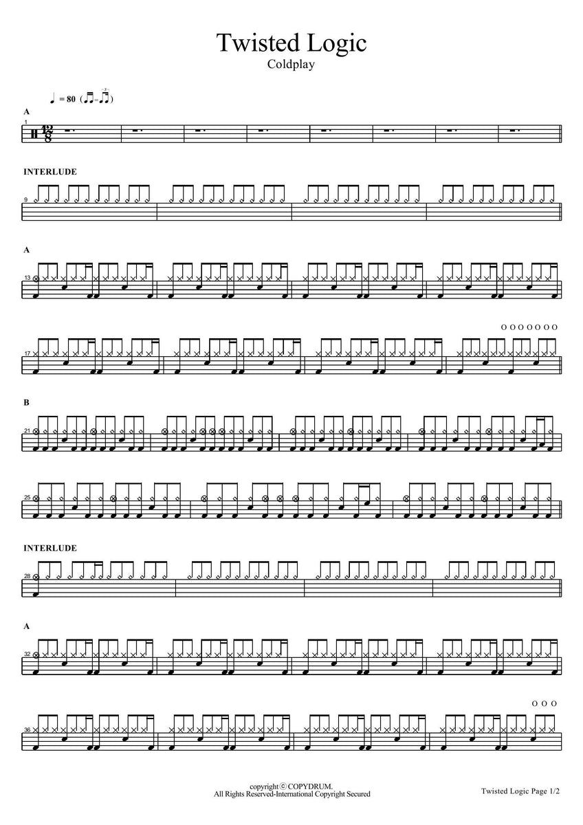 Twisted Logic - Coldplay - Full Drum Transcription / Drum Sheet Music ...