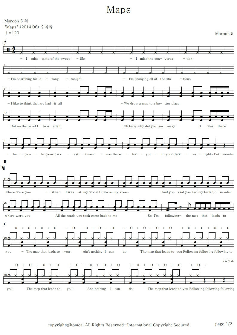 Maps - Maroon 5 - Drum Sheet Music - COPYDRUM – DrumSetSheetMusic