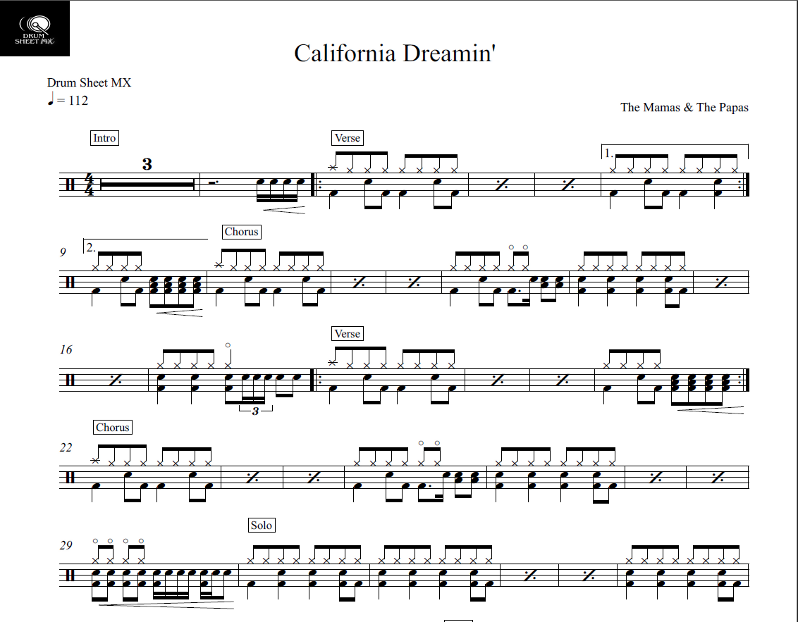 California Dreamin' - The Mamas & The Papas - Drum Sheet Music - Drum ...