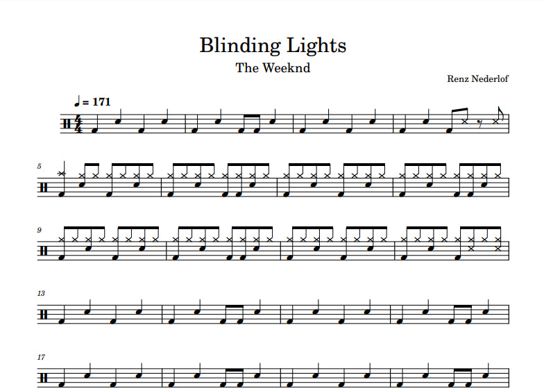 Blinding Lights - The Weeknd - Drum Sheet Music - Renz Nederlof ...