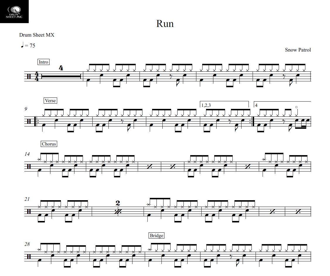 Run - Snow Patrol - Drum Sheet Music - Drum Sheet MX – DrumSetSheetMusic