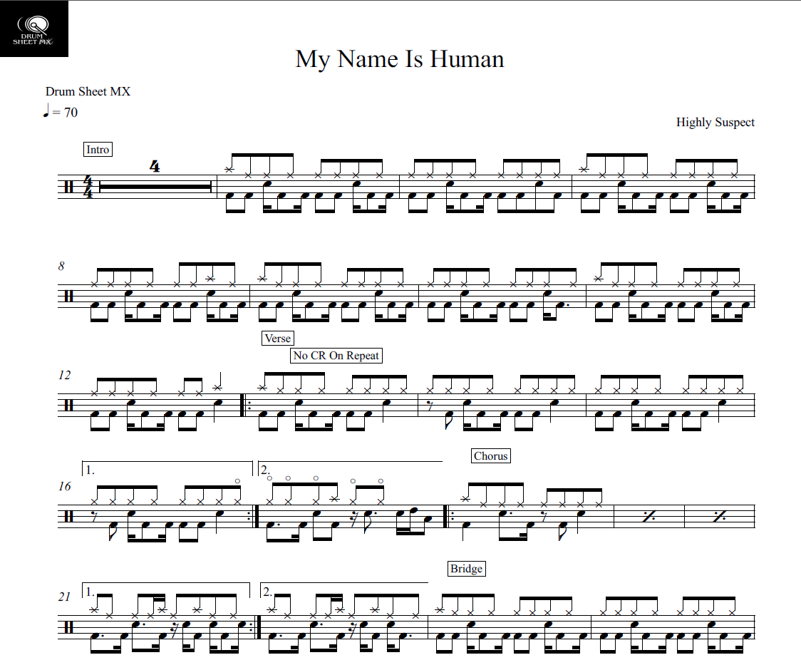 My Name Is Human - Highly Suspect - Drum Sheet Music - Drum Sheet MX ...