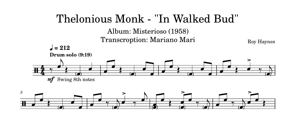 In Walked Bud - Thelonious Monk - Drum Sheet Music - Stick & Soul ...