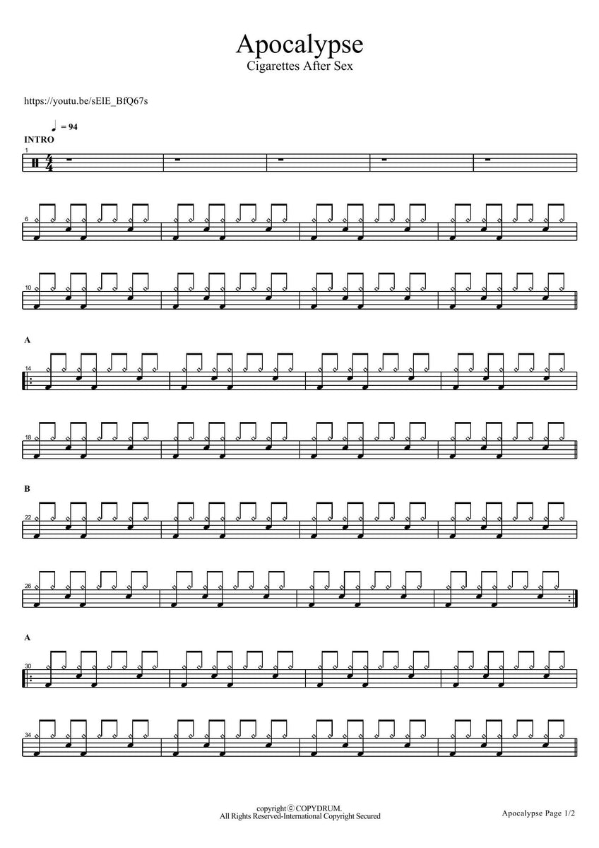 Apocalypse - Cigarettes After Sex - Full Drum Transcription / Drum She ...
