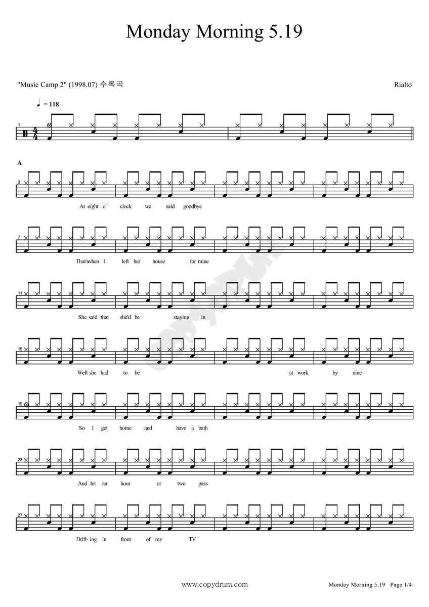 Monday Morning 5.19 - Rialto - Full Drum Transcription / Drum Sheet Mu ...