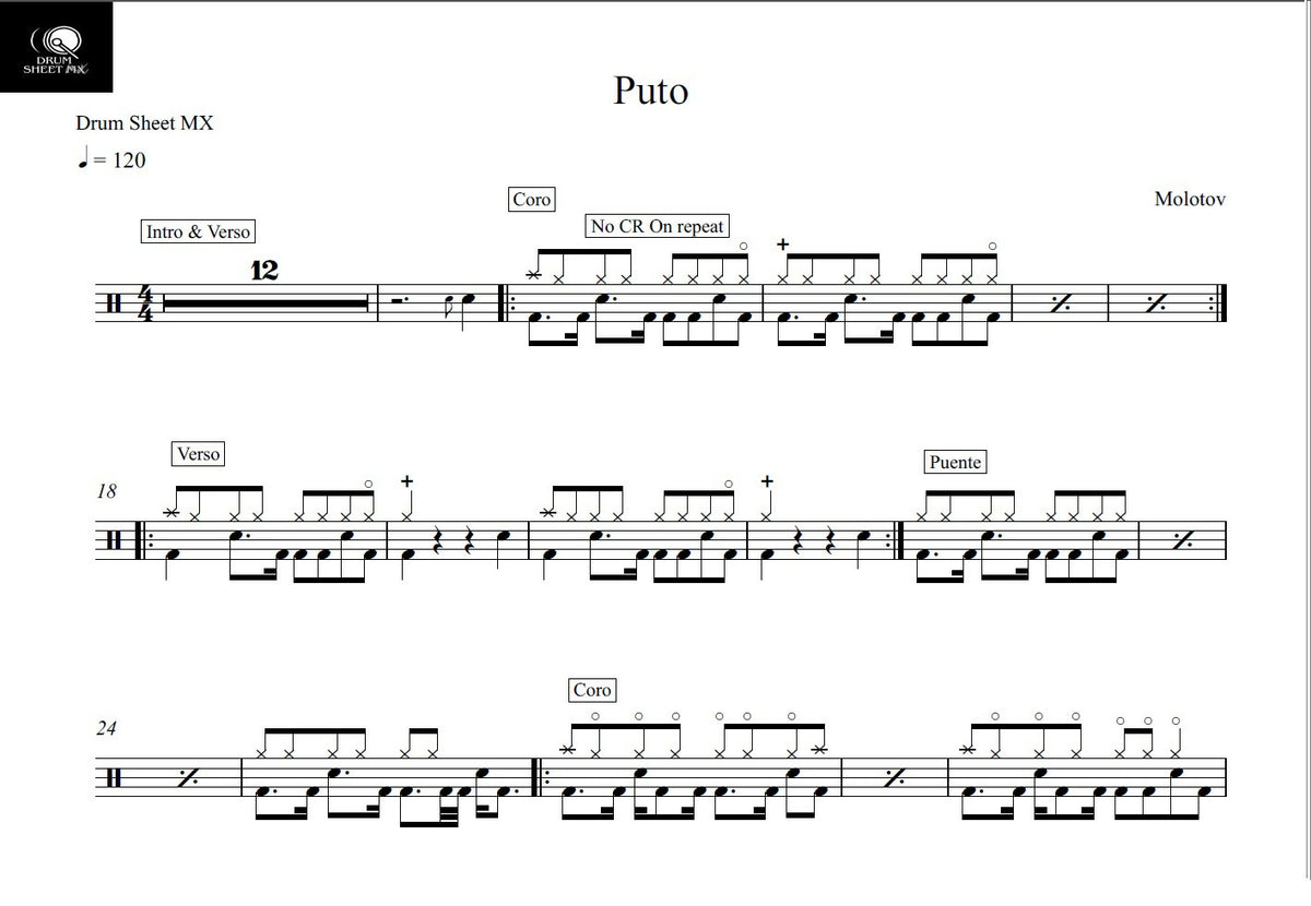 Puto - Molotov - Drum Sheet Music - Drum Sheet MX – DrumSetSheetMusic