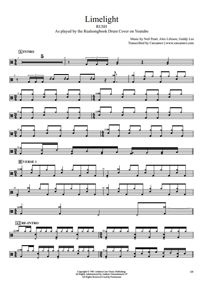 Limelight - Rush - Drum Sheet Music - Realsongbook – DrumSetSheetMusic