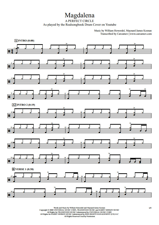 Magdalena - A Perfect Circle - Drum Sheet Music - Realsongbook ...