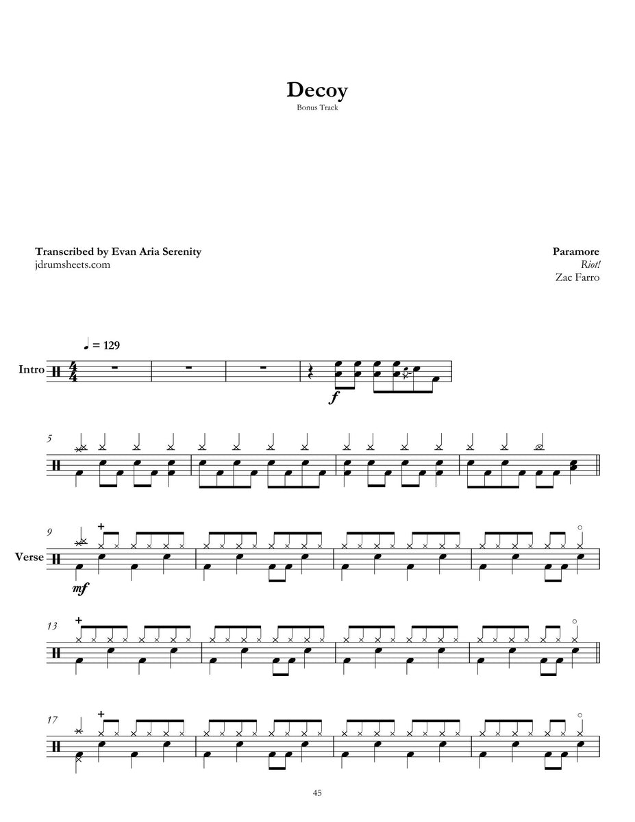 Decoy - Paramore - Drum Sheet Music - Jaslow Drum Sheets ...