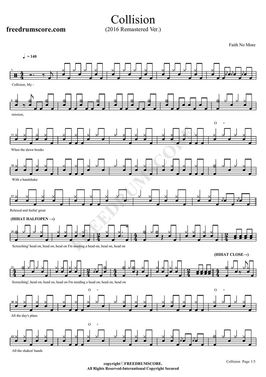 Collision - Faith No More - Full Drum Transcription / Drum Sheet Music ...