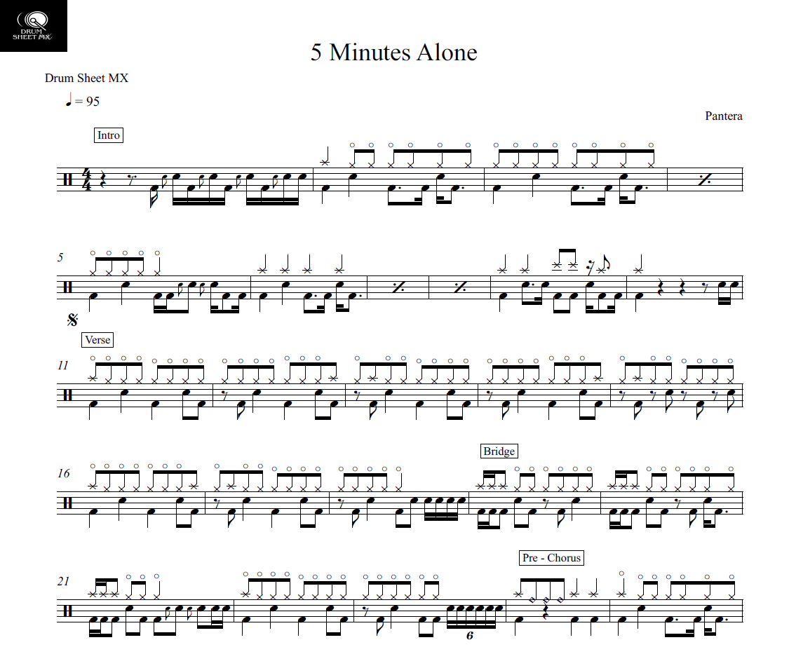 5 Minutes Alone - Pantera - Drum Sheet Music - Drum Sheet MX ...