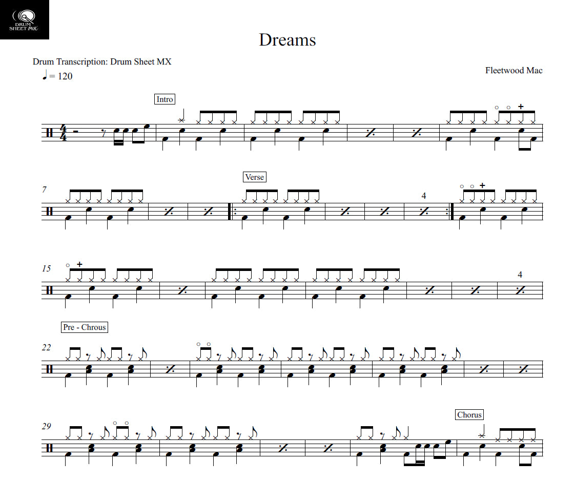 Dreams - Fleetwood Mac - Drum Sheet Music - Drum Sheet MX ...