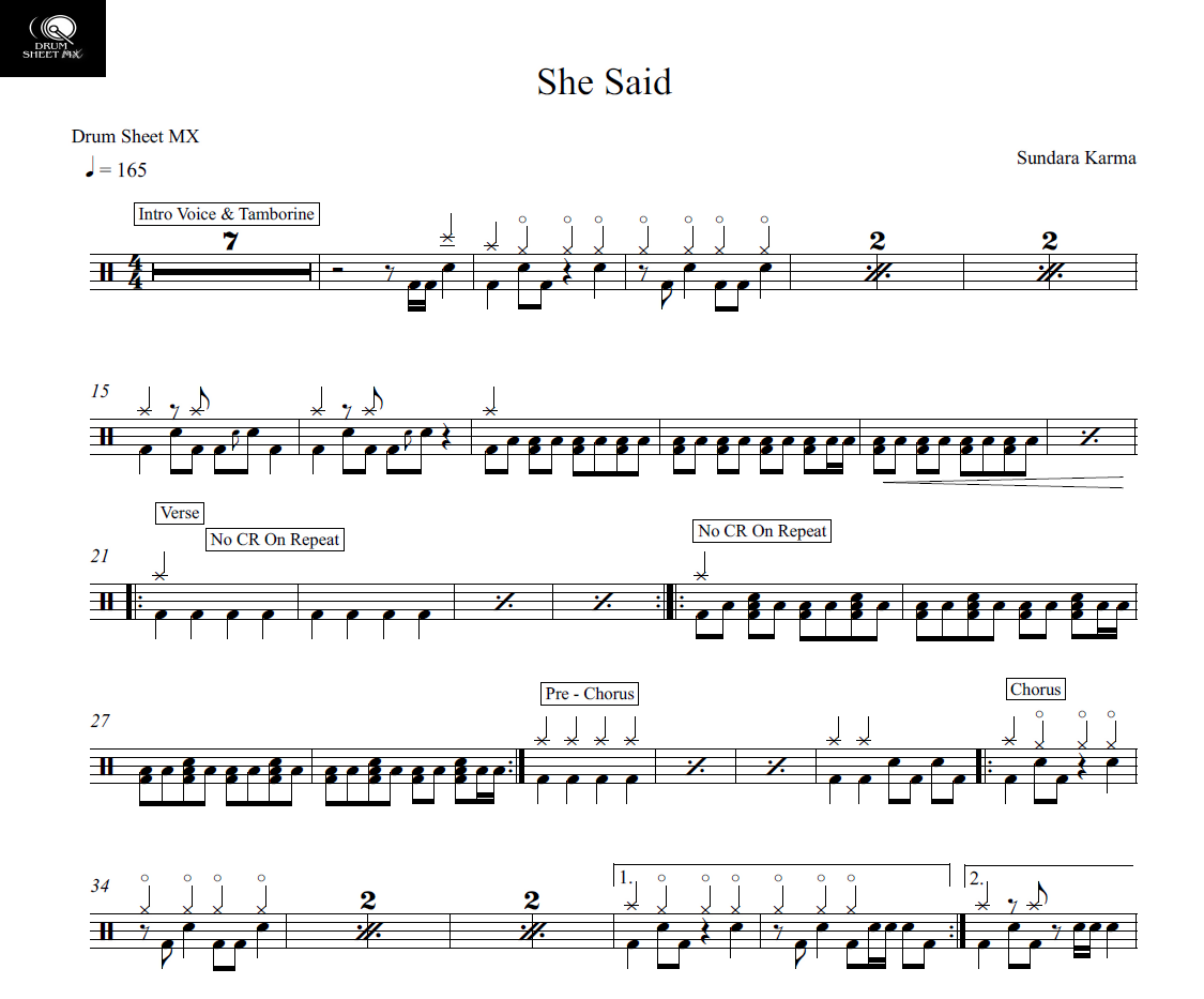 She Said - Sundara Karma - Drum Sheet Music - Drum Sheet MX ...