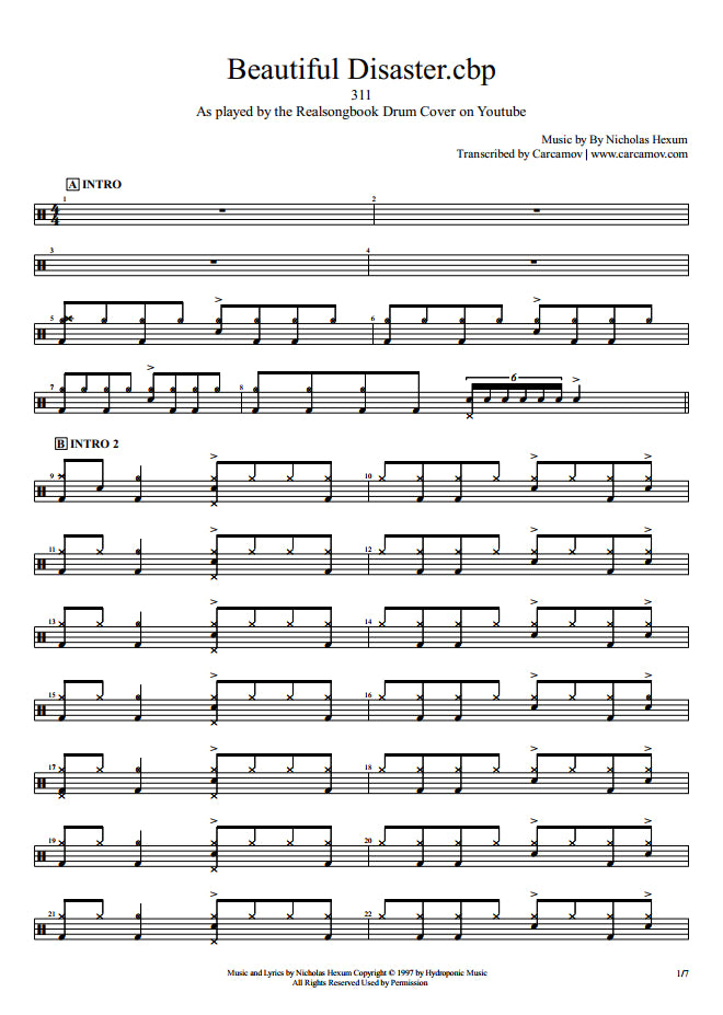Beautiful Disaster - 311 - Drum Sheet Music - Realsongbook ...